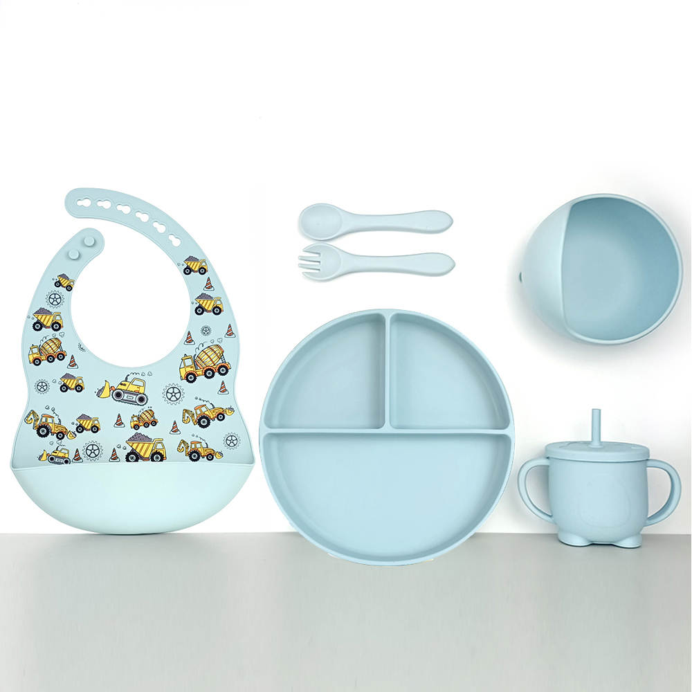 Silicone Baby Feeding Set 6pcs - Light Blue Diggers – -Teeny Cherubs-